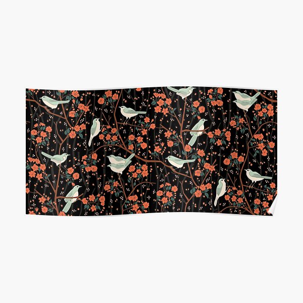 "Sakura - Alight - Birds + Cherry Blossom Flowers + Buds on Black ...