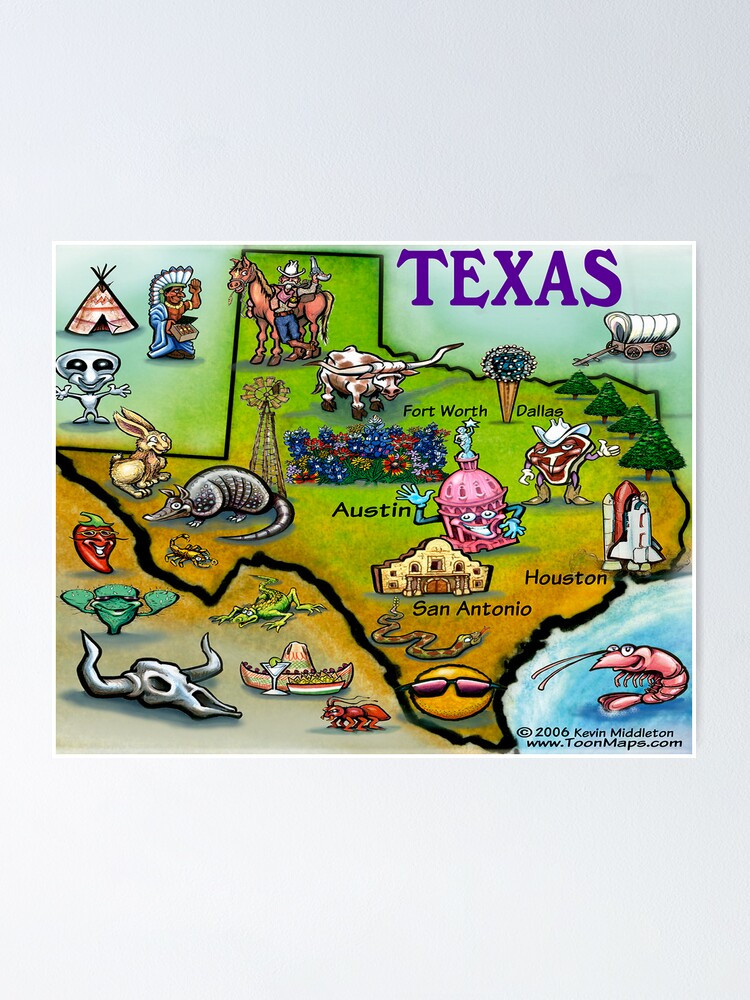 "Texas Cartoon Map" Poster by kevinmiddleton | Redbubble