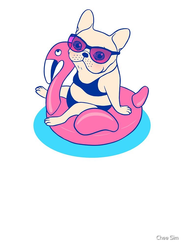 Frenchie Enjoys Summer On Flamingo Pool Float In Swimming Pool Onesie