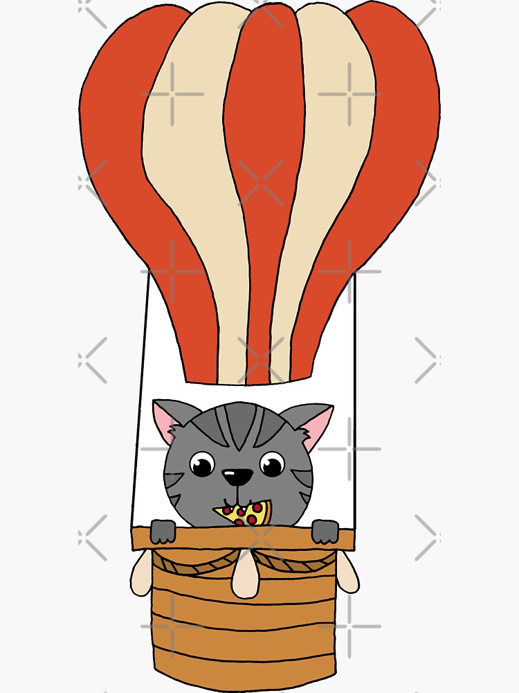 "Gray cat flying in a hot-air balloon whilst eating a pizza" Sticker by ...