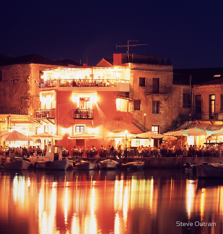 "Crete, Greece. Rethymnon Harbour at night" by Steve Outram | Redbubble