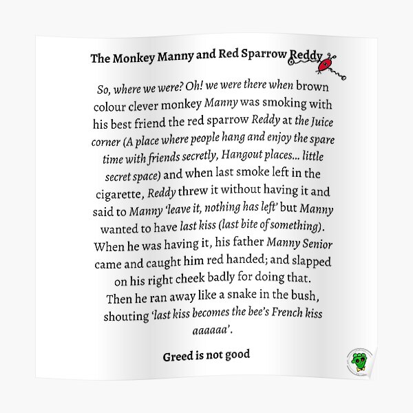 "The monkey manny and red sparrow reddy" Poster for Sale by ...