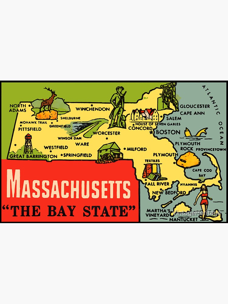 "Massachusetts The Bay State Vintage Picture Map Retro Travel Souvenir ...