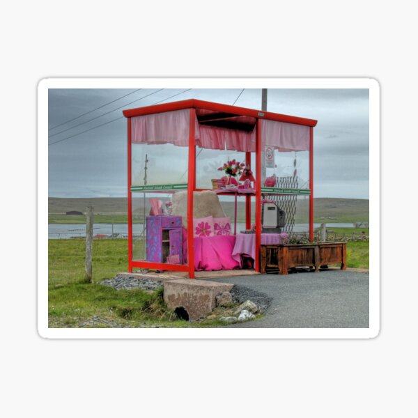 "Pink Bus Stop at Unst" Sticker by Avalinart | Redbubble