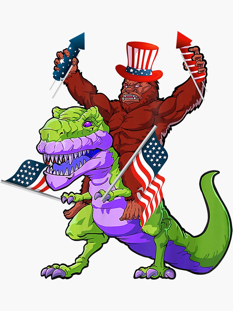 "Bigfoot riding Dinosaur American Flag 4th Of July T Rex Usa" Sticker ...