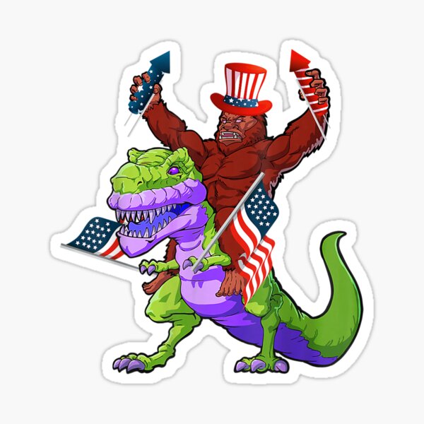 "Bigfoot riding Dinosaur American Flag 4th Of July T Rex Usa" Sticker ...