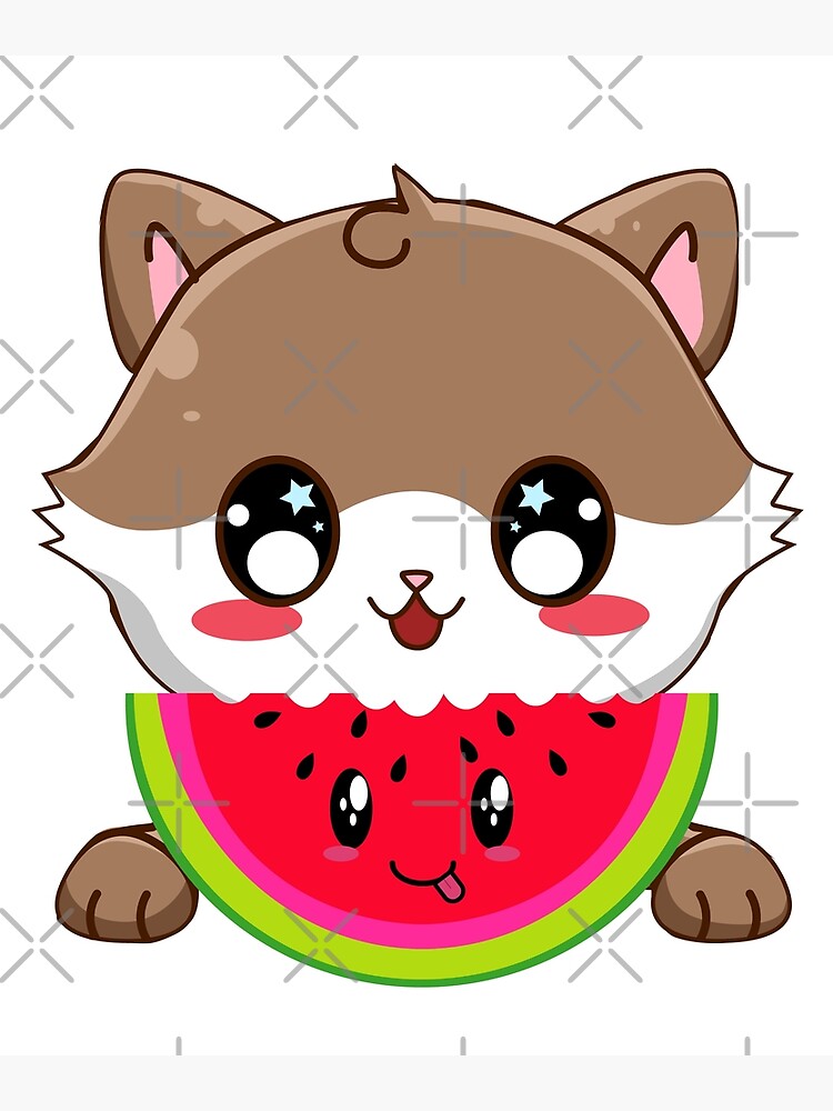 "Cute Cat Eating Kawaii Watermelon" Poster for Sale by FruiToon | Redbubble