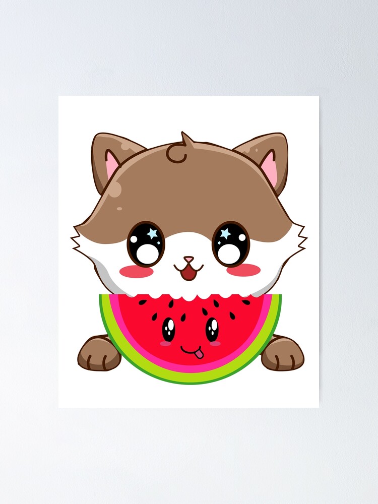 "Cute Cat Eating Kawaii Watermelon" Poster for Sale by FruiToon | Redbubble