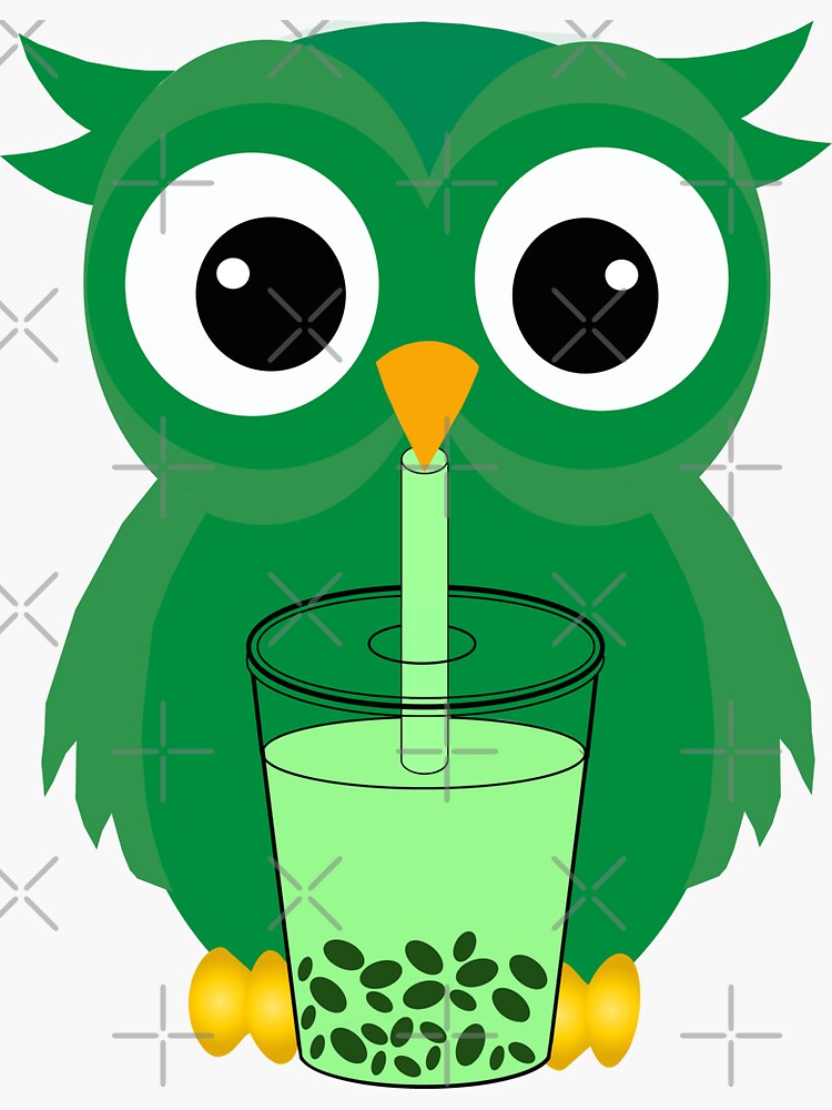 "Bubble Tea drinking green owl bird" Sticker for Sale by ...