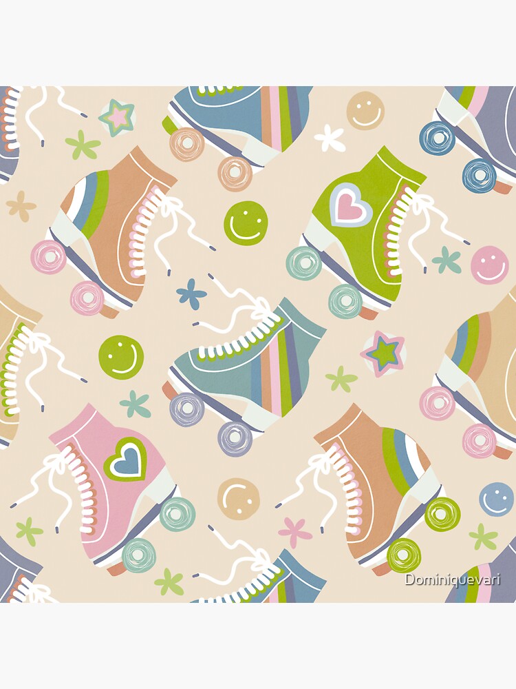 "Retro Rainbow Roller Skates Pattern with smileys 2. Kaki, Pink & blue ...