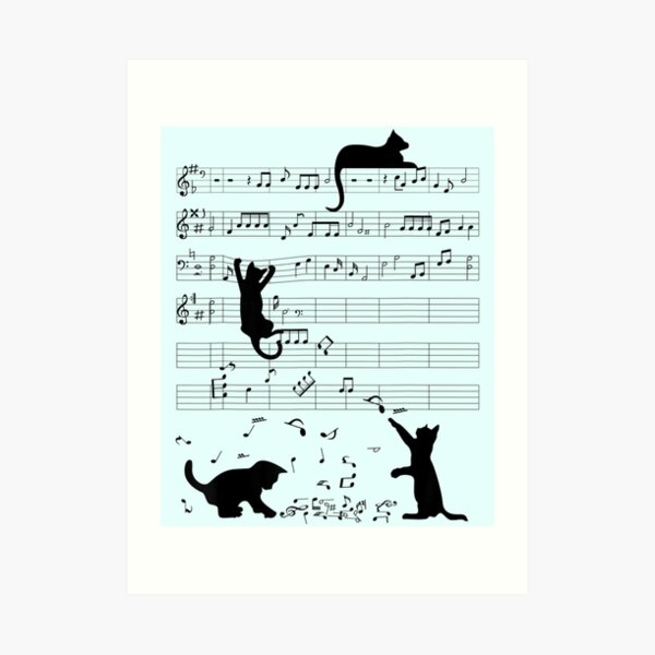 "Cute Cat Kitty Playing Music Note Clef Musician Art" Art Print for ...