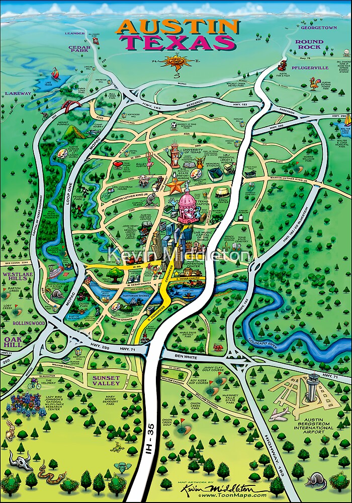 «Mapa de Austin Texas Cartoon» de Kevin Middleton | Redbubble