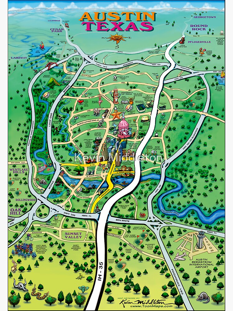 "Austin Texas Cartoon Map" Poster by kevinmiddleton | Redbubble