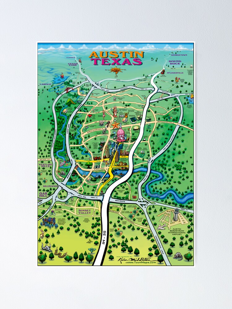 "Austin Texas Cartoon Map" Poster by kevinmiddleton | Redbubble