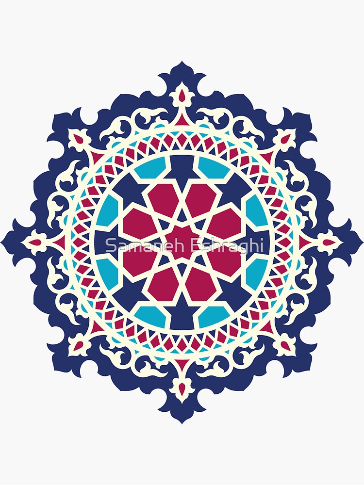 "Persian Arabesque Geometric Shamseh Design - Blue and Red" Sticker for ...