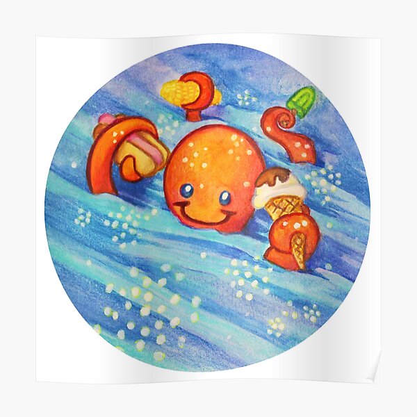 "Octopus Celebrating with Fireworks and Food (July)" Poster for Sale by ...