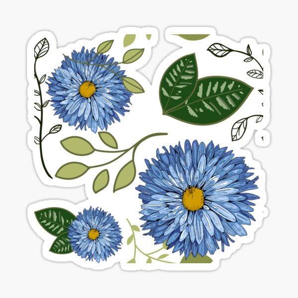 "Blue Aster Flower Pattern with Organic Foliage: White Background ...