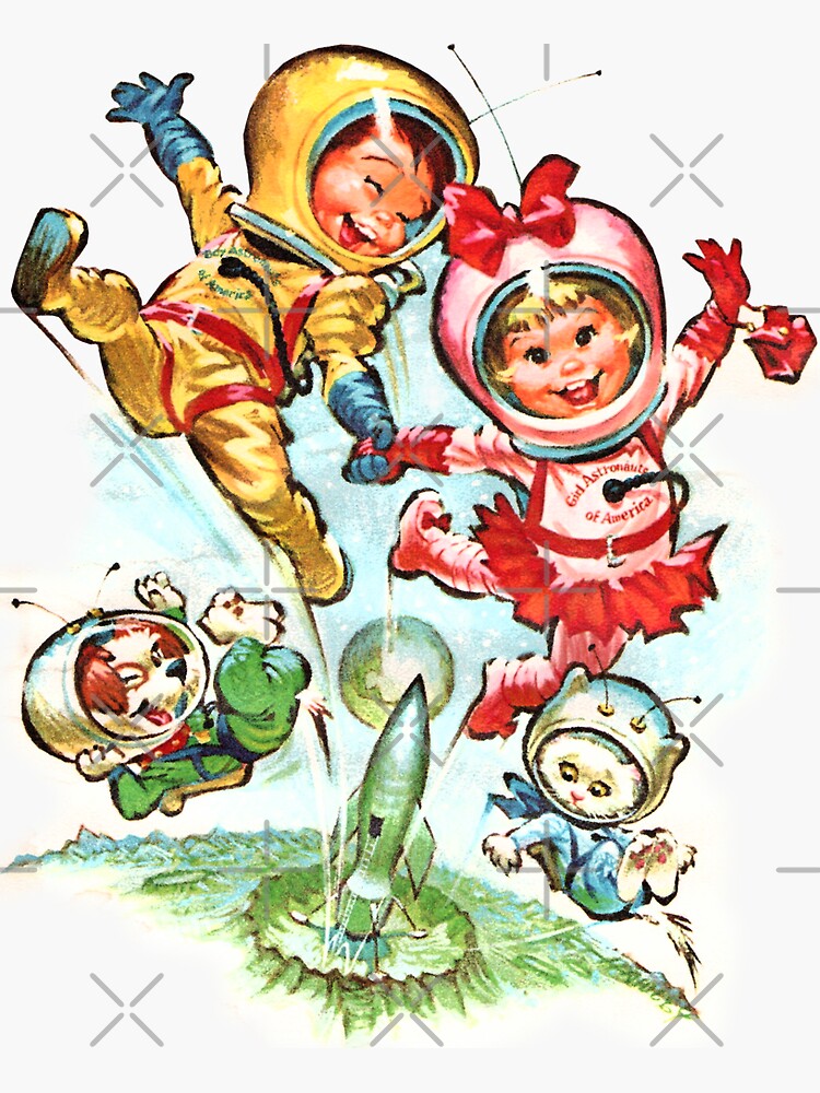 "Space Kids #1, Vintage 60's retro art with Boy, Girl, Cat, and Dog ...