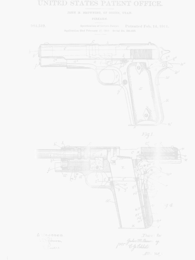 "1911 Retro Vintage Handgun Diagram Blueprint Pistol 45Acp" Sticker for ...