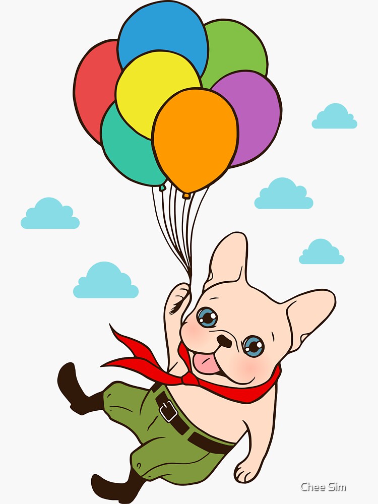 "Cute Frenchie is flying away with balloons for his adventure" Sticker ...