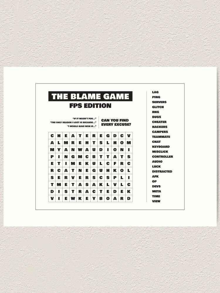 "The Blame Game: FPS Gaming Excuses Word Search Puzzle" Art Print for ...