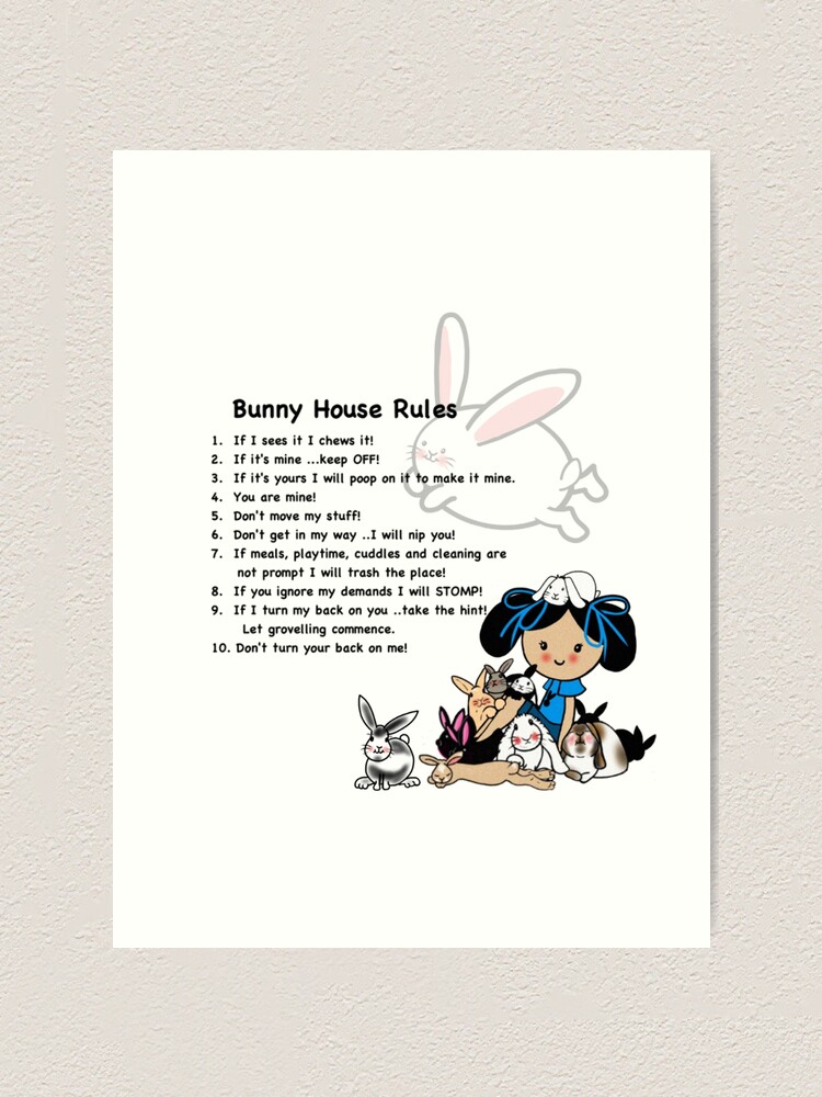 "Bunny Rabbit House Rules Tshirts Decor Funny Cartoon" Art Print by ...