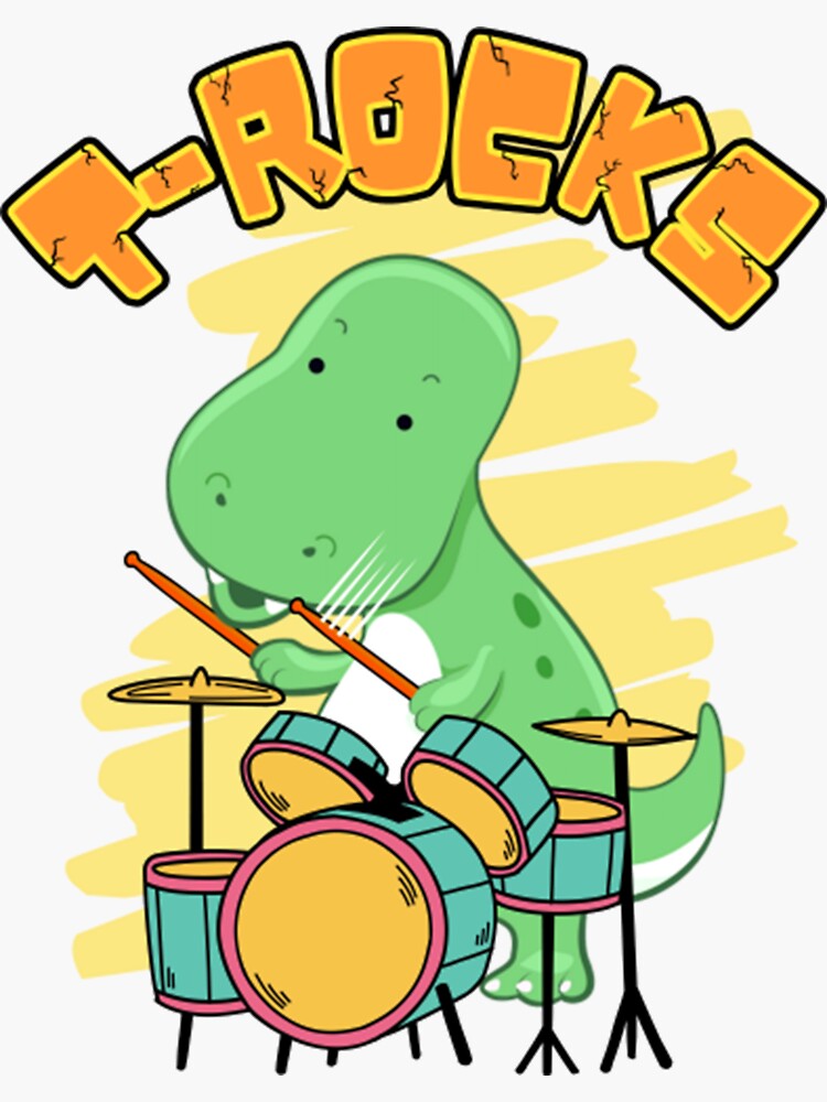 "T-Rocks - T-Rex Dinosaur Drummer Cute Cartoon" Sticker for Sale by ...
