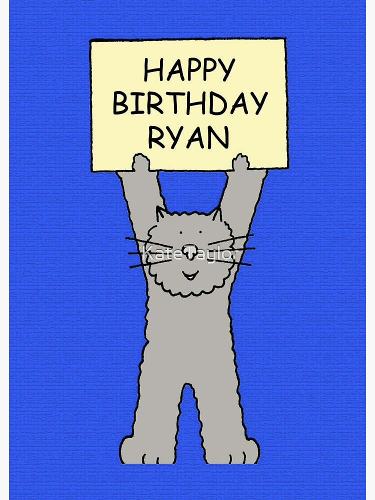 "Happy Birthday Ryan Cartoon Cat Holding a Banner" Sticker for Sale by ...