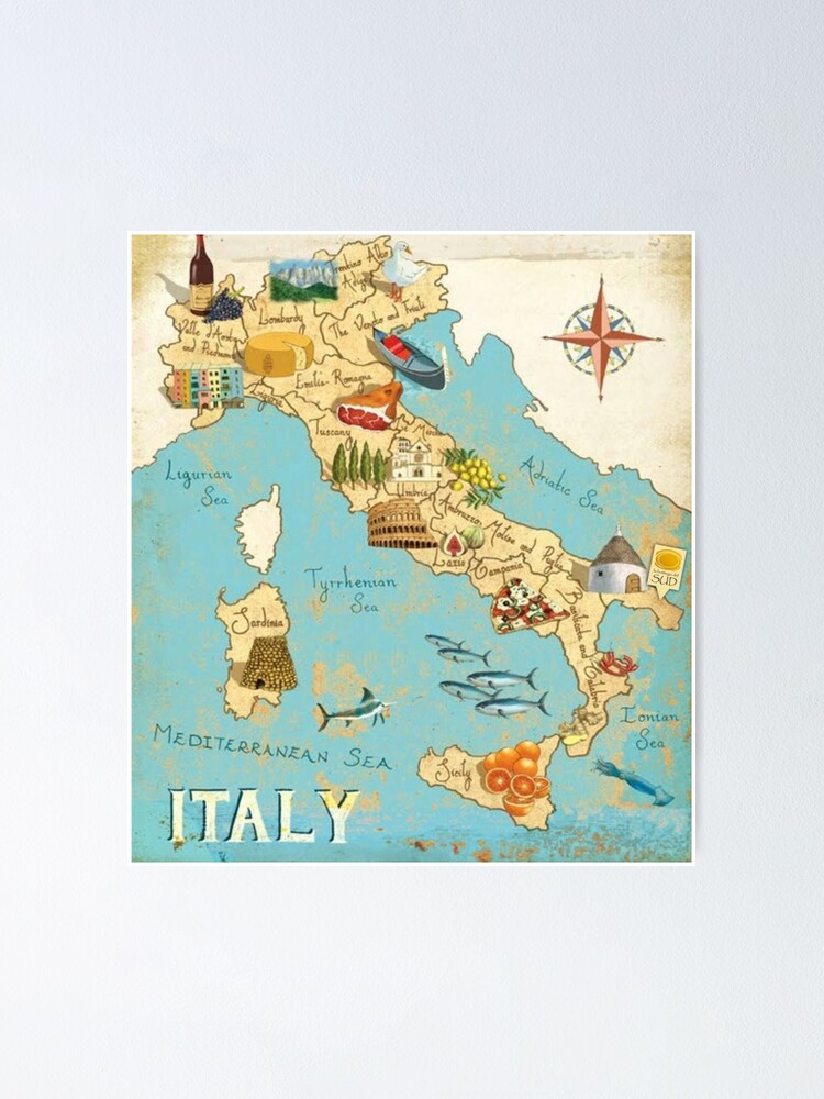 "Vintage Italy Map Places To Visit Poster" Poster for Sale by ...