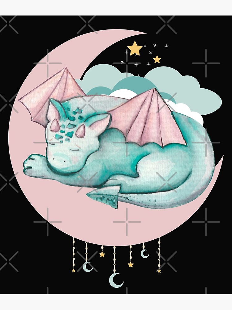 "Cute Watercolor Baby Dragon Sleeping On A Pink Moon " Poster for Sale ...
