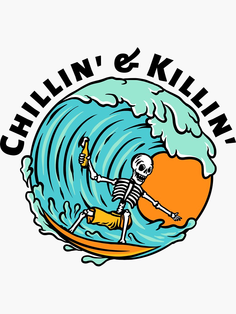 Pegatina «'Chillin & Killin' Retro Cool Surfing Skeleton en las olas ...
