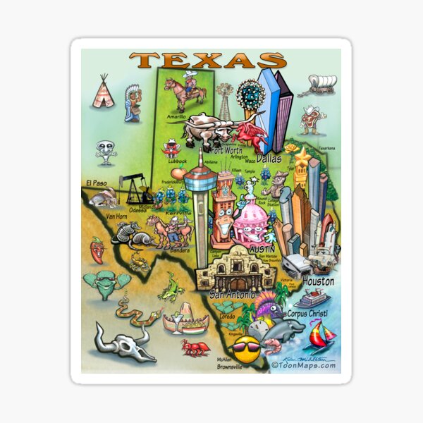 "Fun Texas Cartoon Map" Sticker for Sale by kevinmiddleton | Redbubble