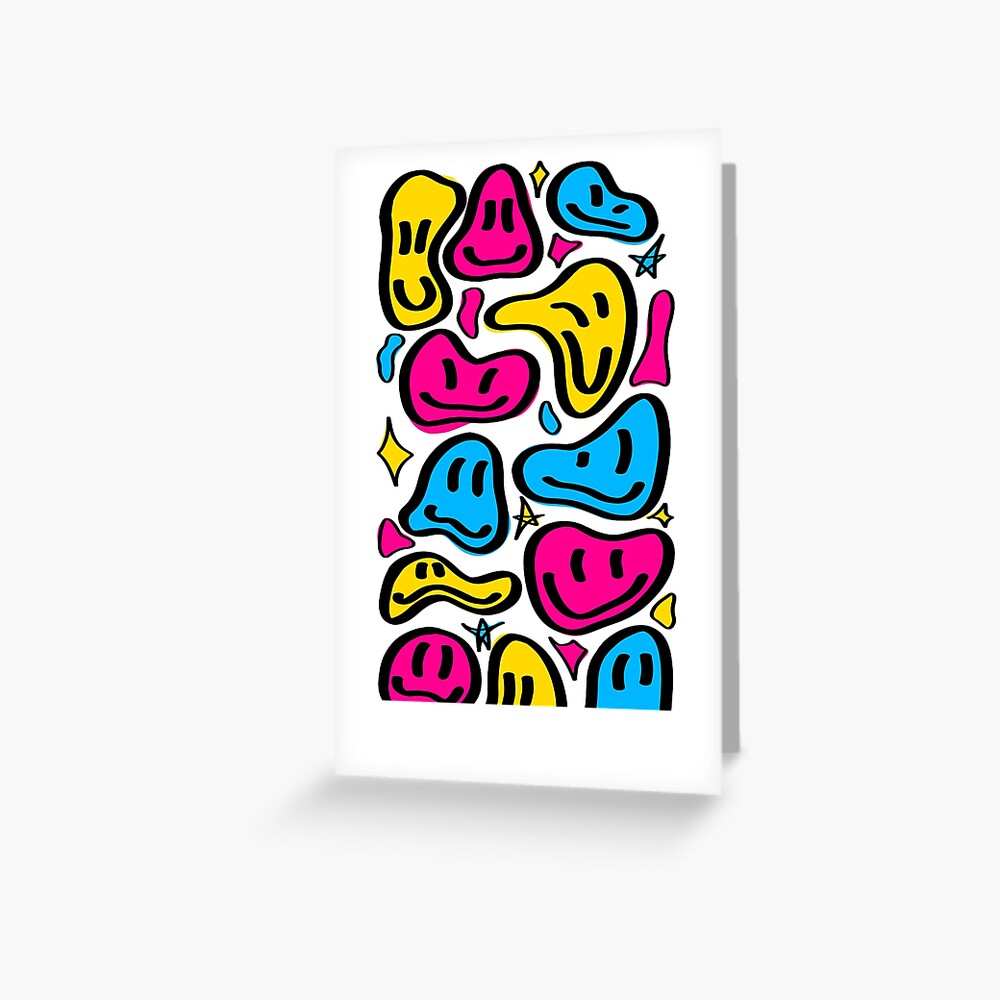 "Dripping smiley faces – yellow, pink and blue" Greeting Card for Sale ...