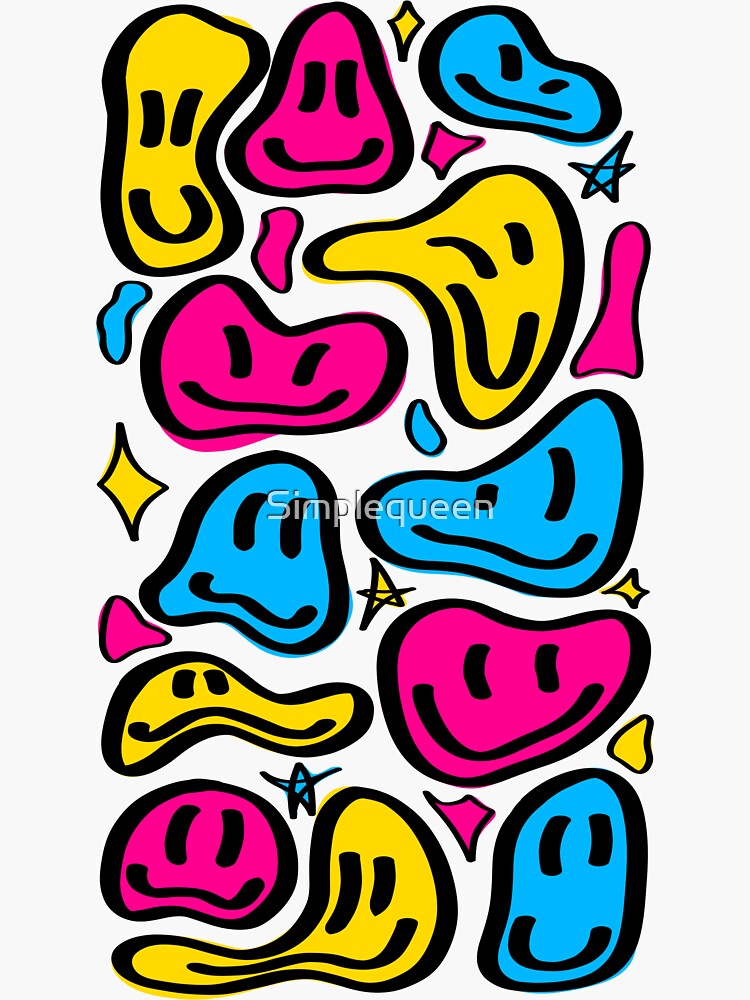 "Dripping smiley faces – yellow, pink and blue" Sticker for Sale by ...