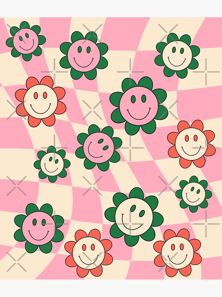 "Hippie Smiley Face Pink Plaid Retro" Sticker for Sale by MaiZephyr ...