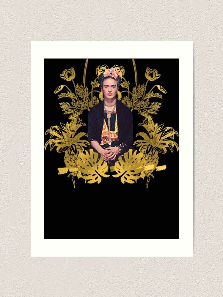 "Frida Kahlo portrait color, golden flowers, purple background Classic ...