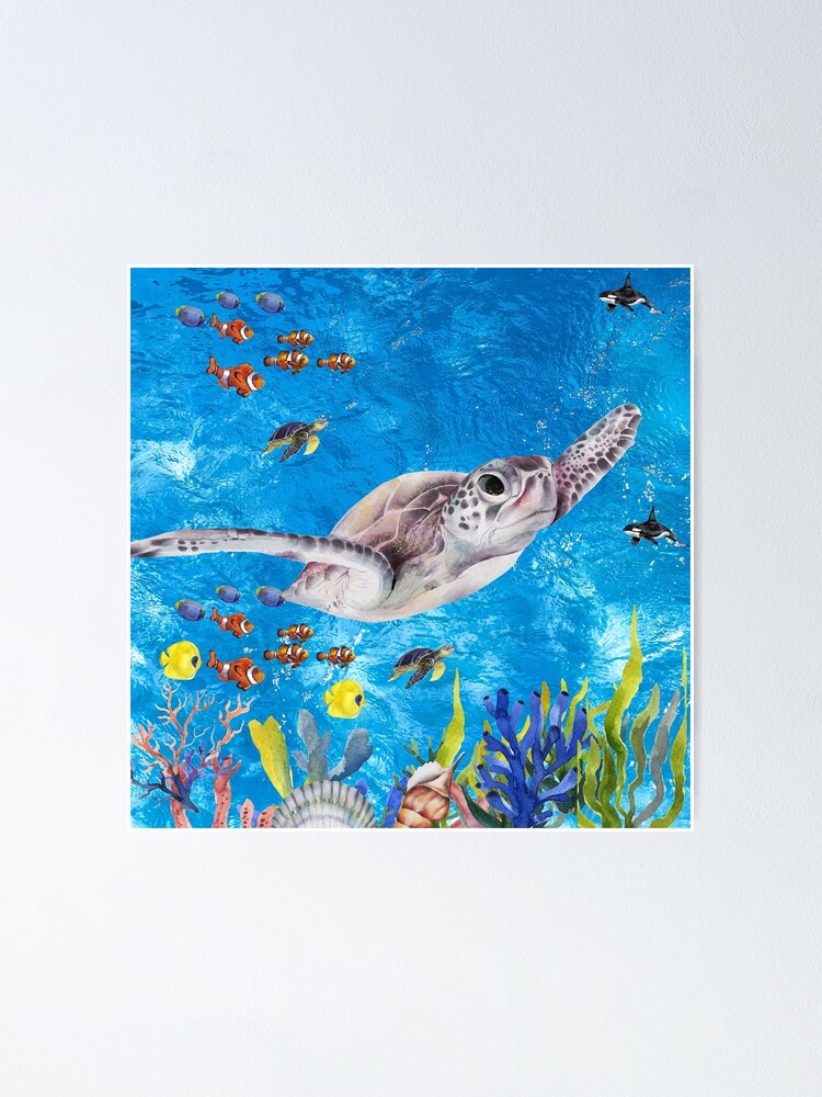 "Aesthetic Hand Painted Watercolor Sea Turtles And Underwater Sea Life ...
