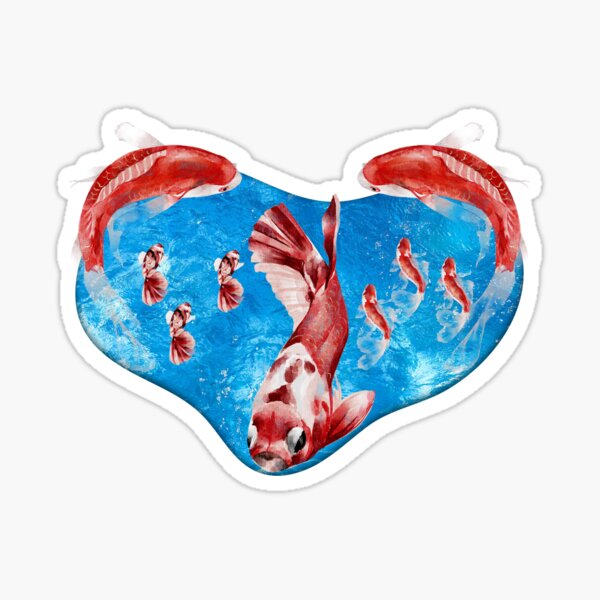 "Watercolor Japanese Koi Fish In A Heart Shaped Fish Pond" Sticker for ...