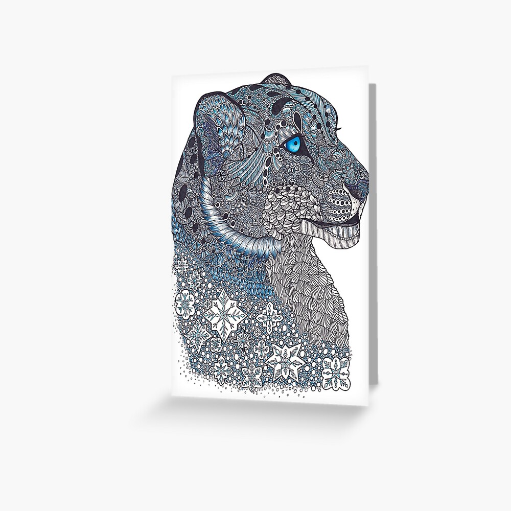 "Blue Zentangle Snow Leopard and Snowflakes" Greeting Card by ...
