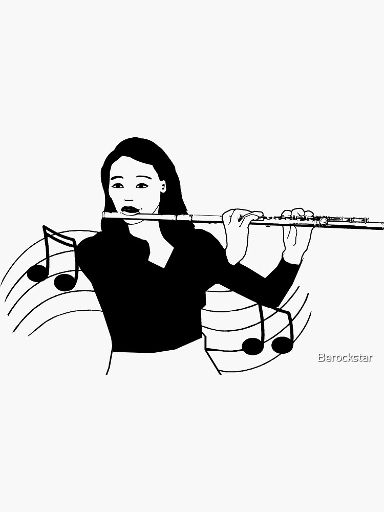 "Flutist playing the flute on score of musical notes" Sticker for Sale ...