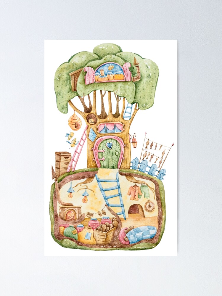 "Cute watercolor cartoon tree house print kids illustration" Poster for ...