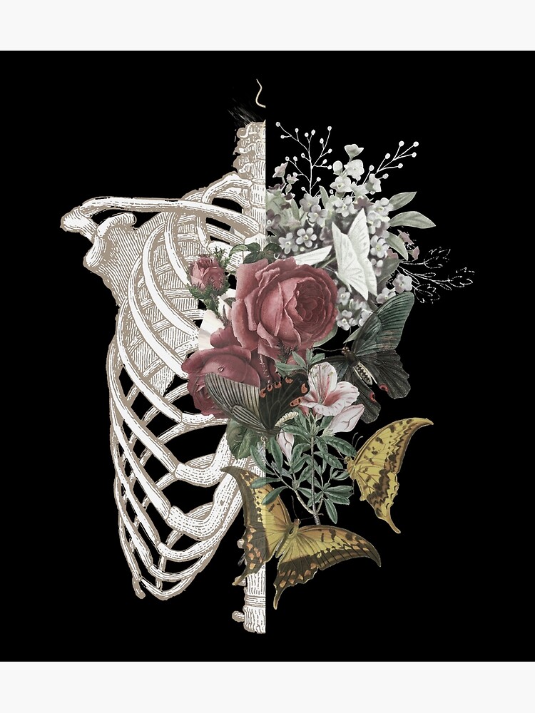 "Vintage Skeleton Torso Floral Flowers Rose Butterfly Design Black ...