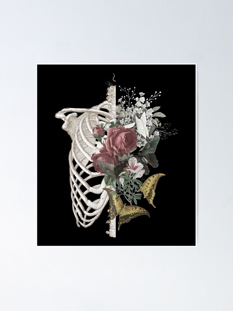 "Vintage Skeleton Torso Floral Flowers Rose Butterfly Design Black ...