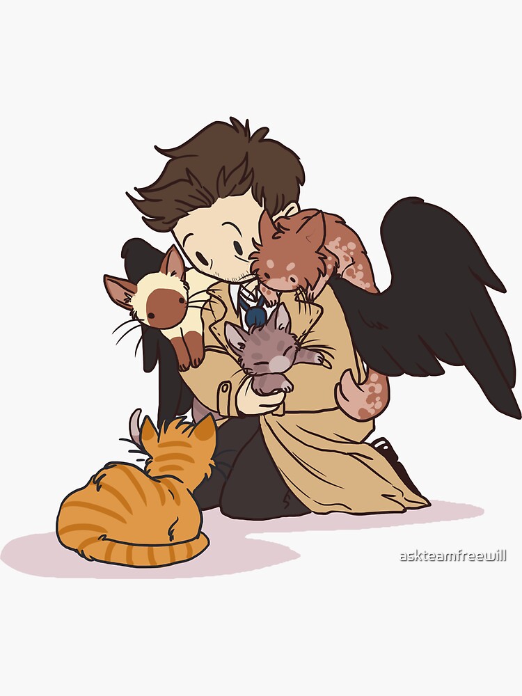 "Castiel and Kittens V2" Sticker for Sale by askteamfreewill | Redbubble