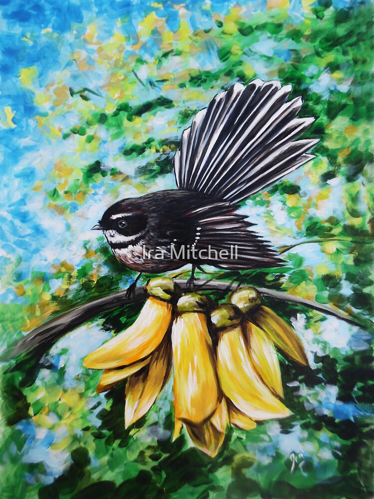 "Fantail in Kowhai Blooms" Sticker for Sale by irajane | Redbubble