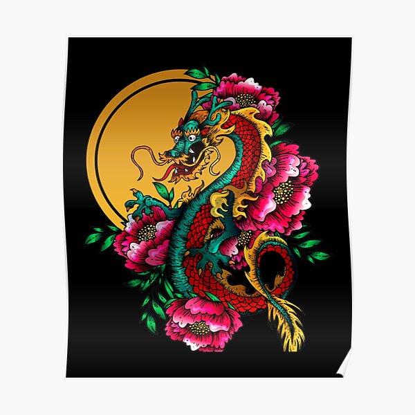 "Japanese Dragon Golden Sun Lotus Flower" Poster for Sale by ...