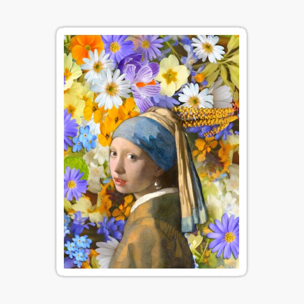 "Girl with Pearl Earring with Flower Background" Sticker for Sale by ...
