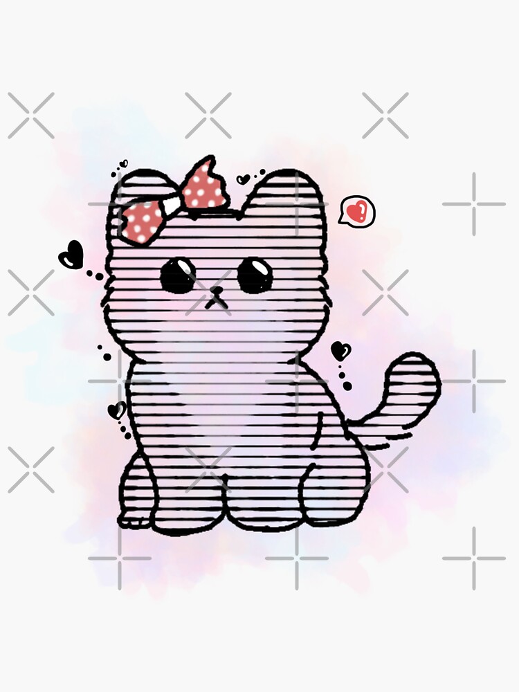 "Cute cat diagonal lines illustration digital watercolor art sticker ...