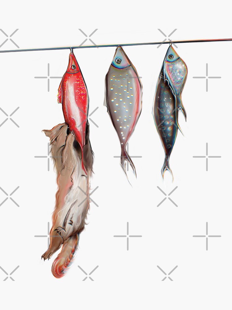"Cat is biting fish" Sticker for Sale by xsaxsandra | Redbubble