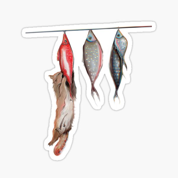 "Cat is biting fish" Sticker for Sale by xsaxsandra | Redbubble